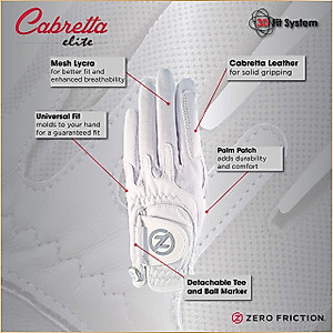 Zero Friction Ladies Cabretta Elite Golf Glove, Left Hand, White, One Size