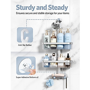 LAMU Adjustable-Shower-Caddy-Hanging, Rust Proof Shower Hanging Organizer, 3-Tier Aluminum Alloy + ABS, Large Capacity Shower Caddy Over-the-Showerhead with Hooks, Razor Holder, Soap Dish, Silver