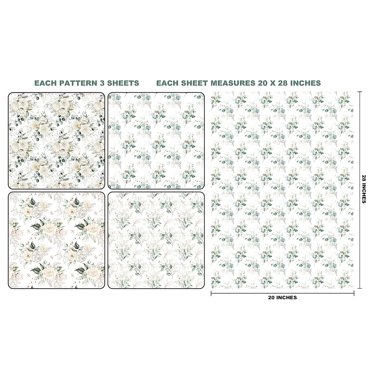 Titiweet Wedding Wrapping Paper - Green Leaves & White Rose Design, 12 Sheets Bridal Shower Wrapping Paper for Women, 20 x 28 Inches Per Sheet