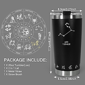 sweet grain 20oz Coffee Tumbler - Stainless Steel Double Wall Insulated Constellation Tumbler with Lid and Straw, Personalized Zodiac Gifts for Birthday/Bachelor Party - Leo