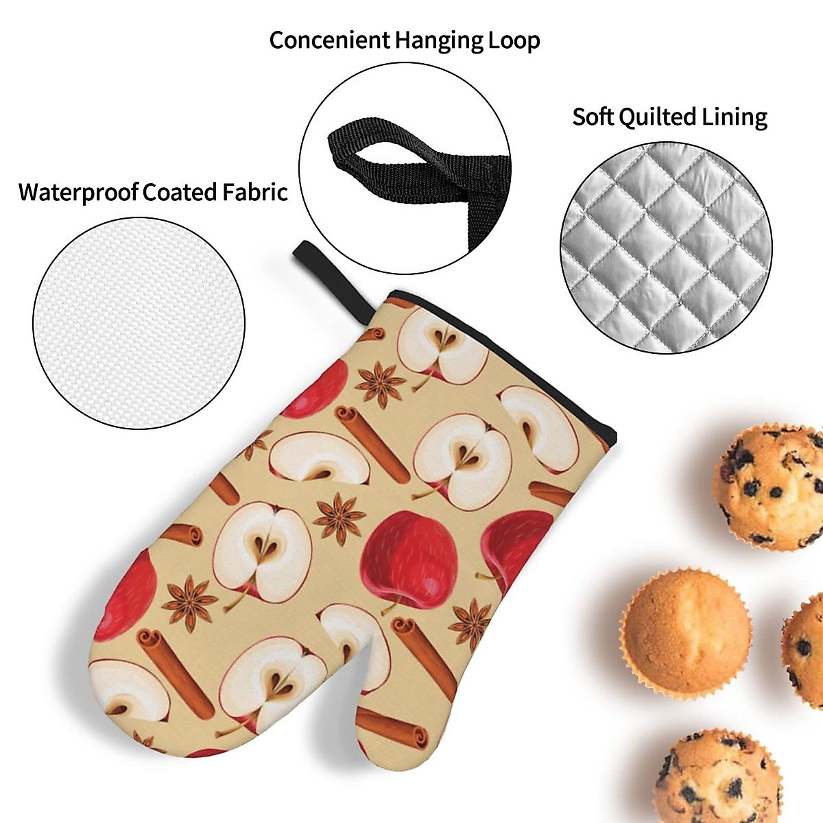 ZHRYMIFE Red Apple Oven Mitts and Pot Holders Sets Kitchen Hot Pad Non-Slip Heat Resistant Waterproof Baking BBQ Cooking Gloves(4 Piece), Black, One Size