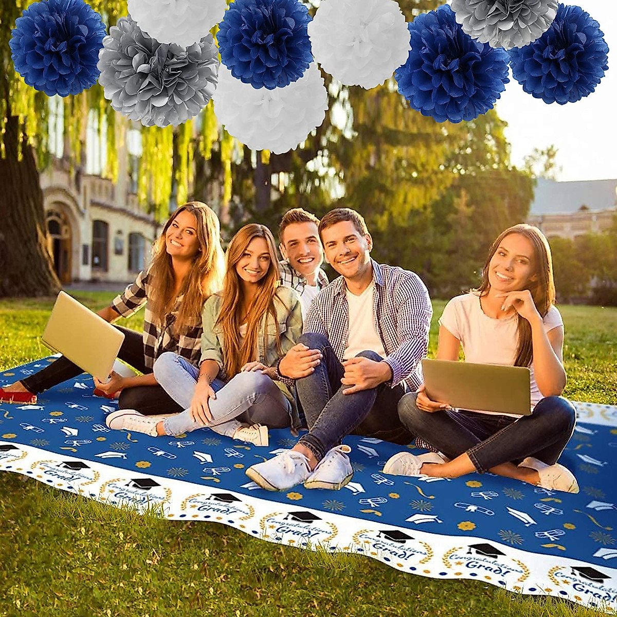 Tissue Paper Pom-Poms Party Decorations - 15pcs 5 Size Navy Blue White Silver Paper Flowers,Graduation Wedding Baby Bridal Shower Room Hanging Decorations Boy Birthday Party Backdrop Decor Panduola