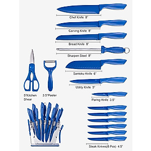 Knife Set, No Rust 16 Pieces Knives Set, Knife Block Set with Easy Clean Acrylic Stand, Super Sharp Kitchen Knife Set with a Vegetable Peeler, Blue