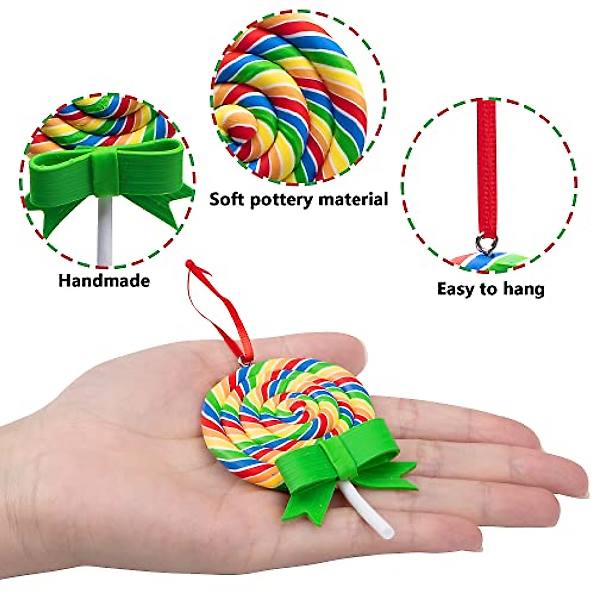 codree 8 PCS Christmas Lollipop Ornaments-Rainbow Lollipop Hanging Ornaments-Christmas Candies Polymer Clay Ornament for Xmas Tree Party Decoration
