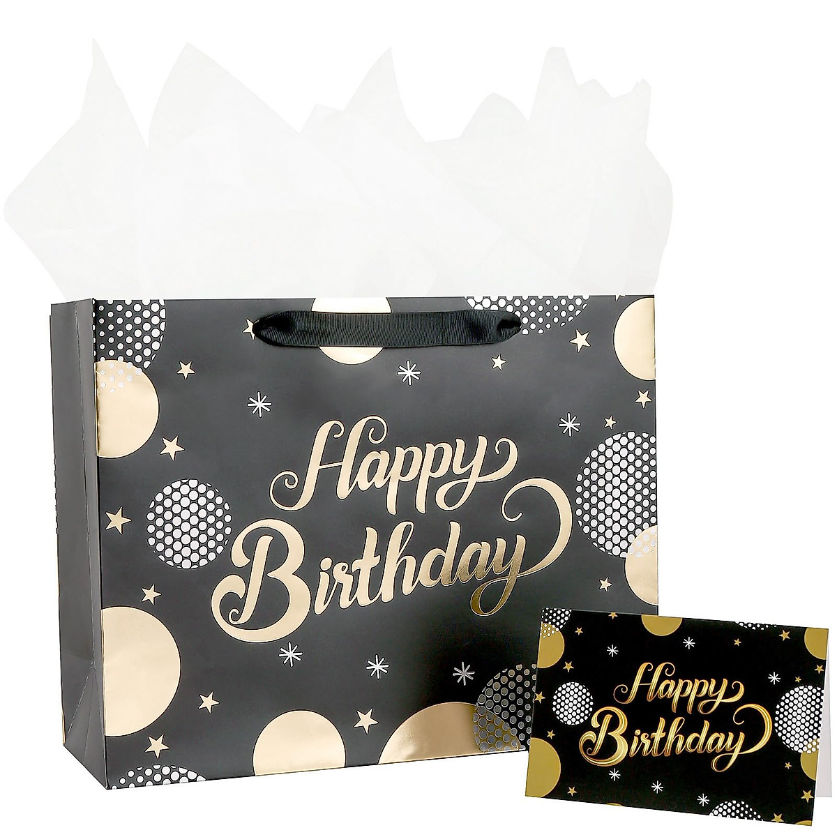 U'COVER 13" Black Happy Birthday Gift Bags Medium Size for Men Gold & Silver Foil Polka Dots Gift Bag with Handles for Father Husband with Card & Tissue Paper (Black & Golden)