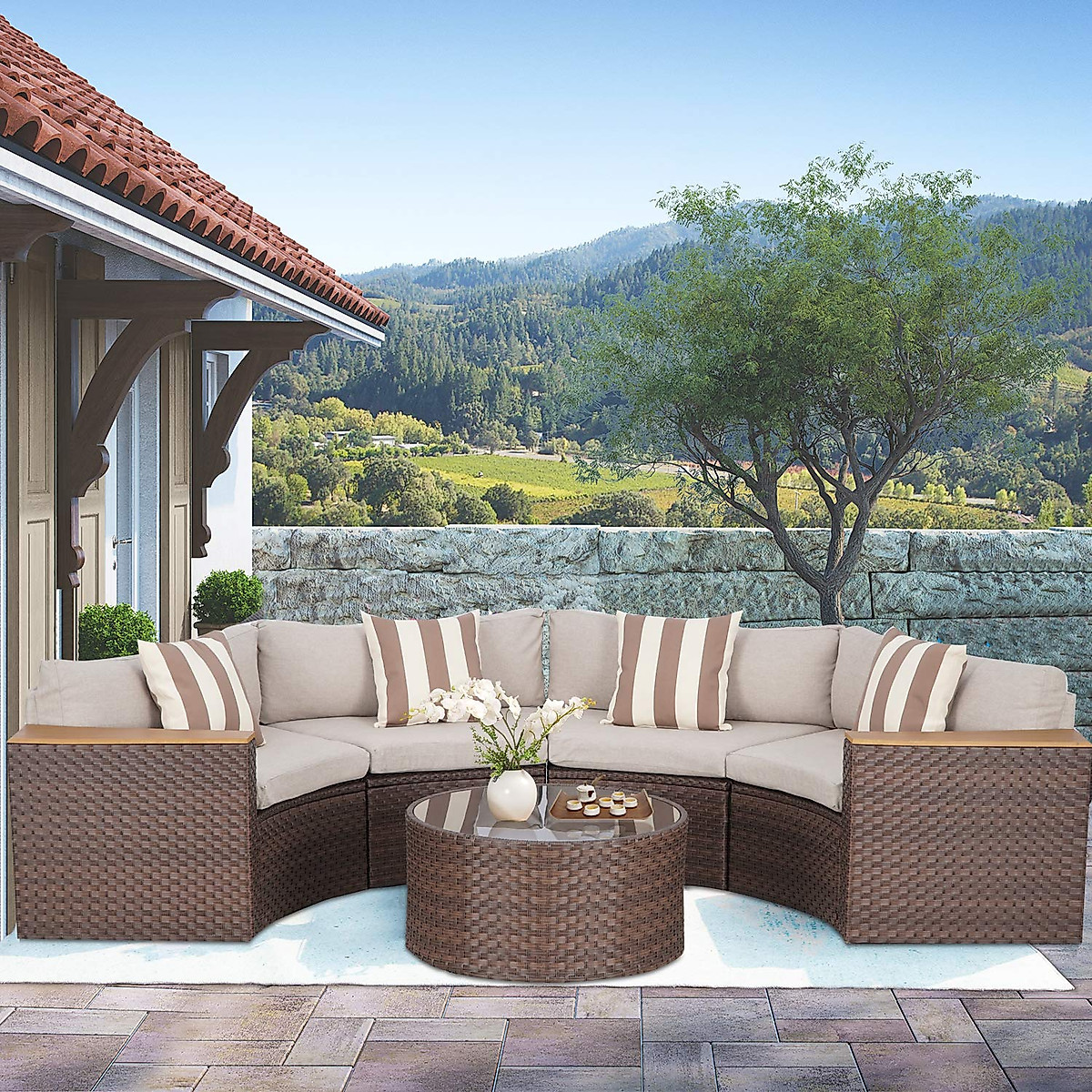 Incbruce Outdoor Half Moon Patio Furniture 5-Piece Curved Outdoor Sofa, All-Weather Outdoor Sectional Furniture Patio Conversation Sets with Round Tempered Glass Top Table(Brown Cushions)