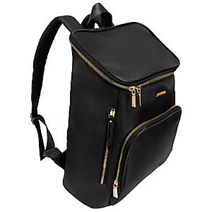 Joan & David Twill Nylon 18" Backpack with Padded Laptop Sleeve, and Luggage Strap with 1 Free TSA Approved Bottle, Fits Up To 15" Inch Laptop (Black)