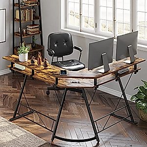 Rolanstar Computer Desk L Shaped with Power Outlet, 54” Reversible L Shaped Computer Desk with Monitor Stand and Keyboard Tray, Home Office Desk with USB Port & Hook, Rustic Brown