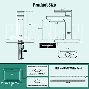 Heyalan Matte Black Single Hole Bathroom Faucet,1 Handle Brass Bathroom Sink Faucets Basin Mixer Tap Deck Mount Lavatory Vanity Restroom Faucet Deck Plate Pop Up Drain Included