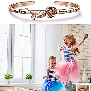 Best Friend Bracelet Sister Gift Always My Sister Forever My Friend Cuff Bracelet with Rose Flower Gift for Sisters Friendship Jewelry (Gold)