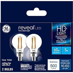 GE Reveal LED Light Bulbs, 60 Watt, A15 Ceiling Fan Bulbs, Clear, Small Base (2 Pack)
