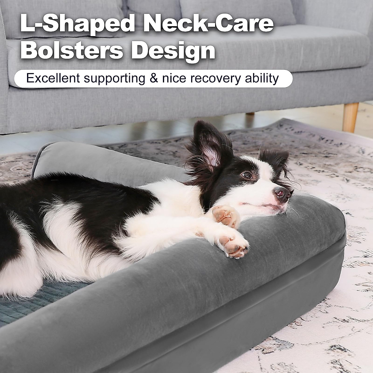 Kudoggy Large Dog Bed, Orthopedic Dog Beds for Large Dogs, Dog Sofa Bed with L-Shaped Bolster, Memory Foam Dog Bed with Waterproof Liner and Washable Cover, 35"x26", Grey