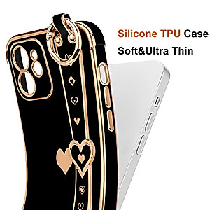 LLZ.COQUE for iPhone 12 Case Cute Love-Heart Plating Strap Phone Cover for Women Girls Bling Soft Silicone Camera Lens Protection Bumper Shockproof Phone Case for iPhone 12 (6.1'') - Black
