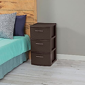 Sterilite 3 Drawer Wicker Weave Decorative Storage Organization Container Cabinet Tower with Driftwood Handles, Espresso (4 Pack)
