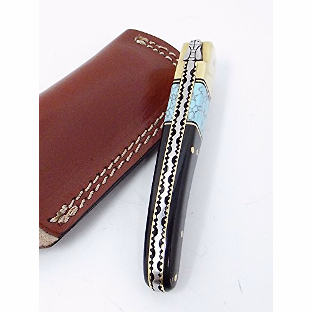 Made in Ancient Persian Indus Valley Damascus Knives Laguiole Style Pocket Knife Ram Horn & Turquoise Handle With Leather Sheath