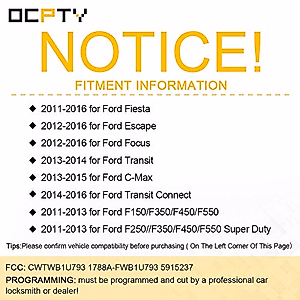 OCPTY 1 X Flip Key Entry Remote Control Key Fob Transmitter Replacement for Ford for Escape for Focus for Transit for Fiesta for Transit Connect CWTWB1U793 1788A-FWB1U793