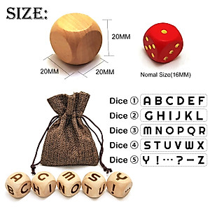20MM Creative Wooden Letter Dice Set, 5 Pieces Laser Engraved A-Z Pattern Cube Rolling Dices for Party Game