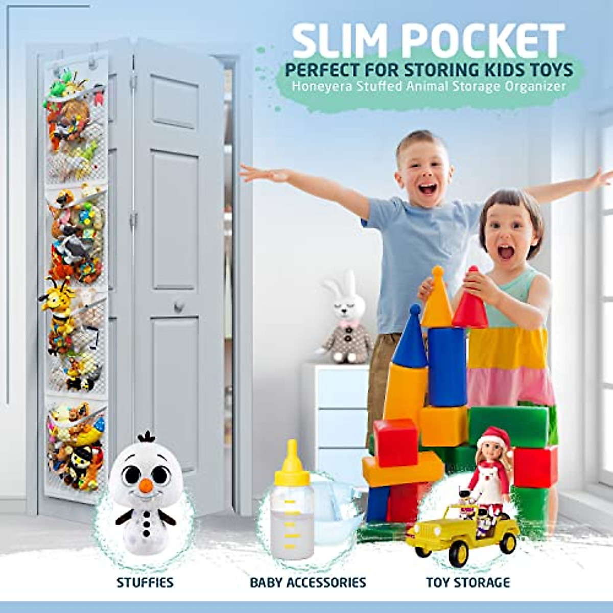 Honeyera Storage for Stuffed Animals, 12 Inch Wide Slim Over Door Organizer for Stuffies, Bi-Fold Door Closet, Baby Accessories, Toy Plush Storage/Easy Instal with Breathable Hanging White