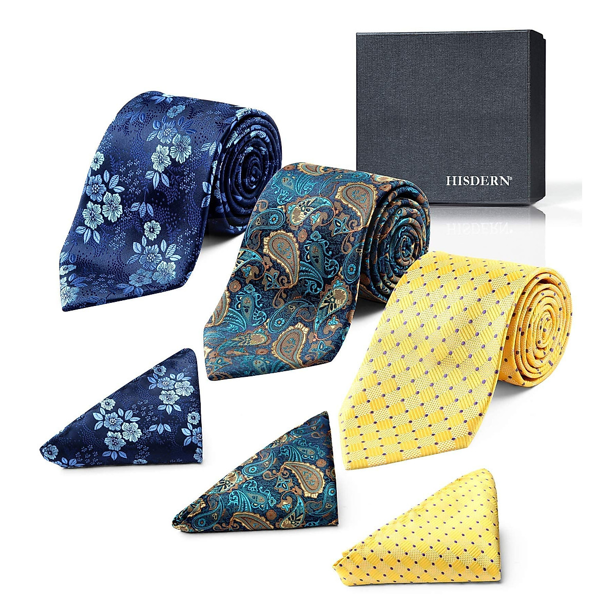 HISDERN Lot 3 PCS Classic Men's Tie Set Necktie & Pocket Square Elegant Neck Ties Collection,T3-08,One Size