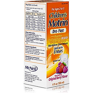 Motrin Children's Dye-Free Pain Reliever/Fever Reducer, Original Berry Flavor 4 oz (2 Pack)