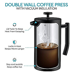 Large French Press Coffee Maker - French Press Stainless Steel - Insulated French Coffee Press, Metal French Press Large - 50oz 1.5L (Black)