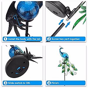 CHINLY Garden Solar Lights Stake, Metal Peacock Decor Solar Garden Lights Solar Peacock Stake for Outdoor Patio Yard Decorations (Blue Lampshade)