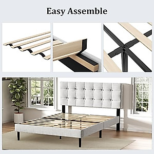 UNIZONE Queen Size Bed Frame with Button Tufted Upholstered Headboard, Linen Platform Bed with Wood Slats Support, Mattress Foundation, No Box Spring Needed, Easy Assembly, Light Grey