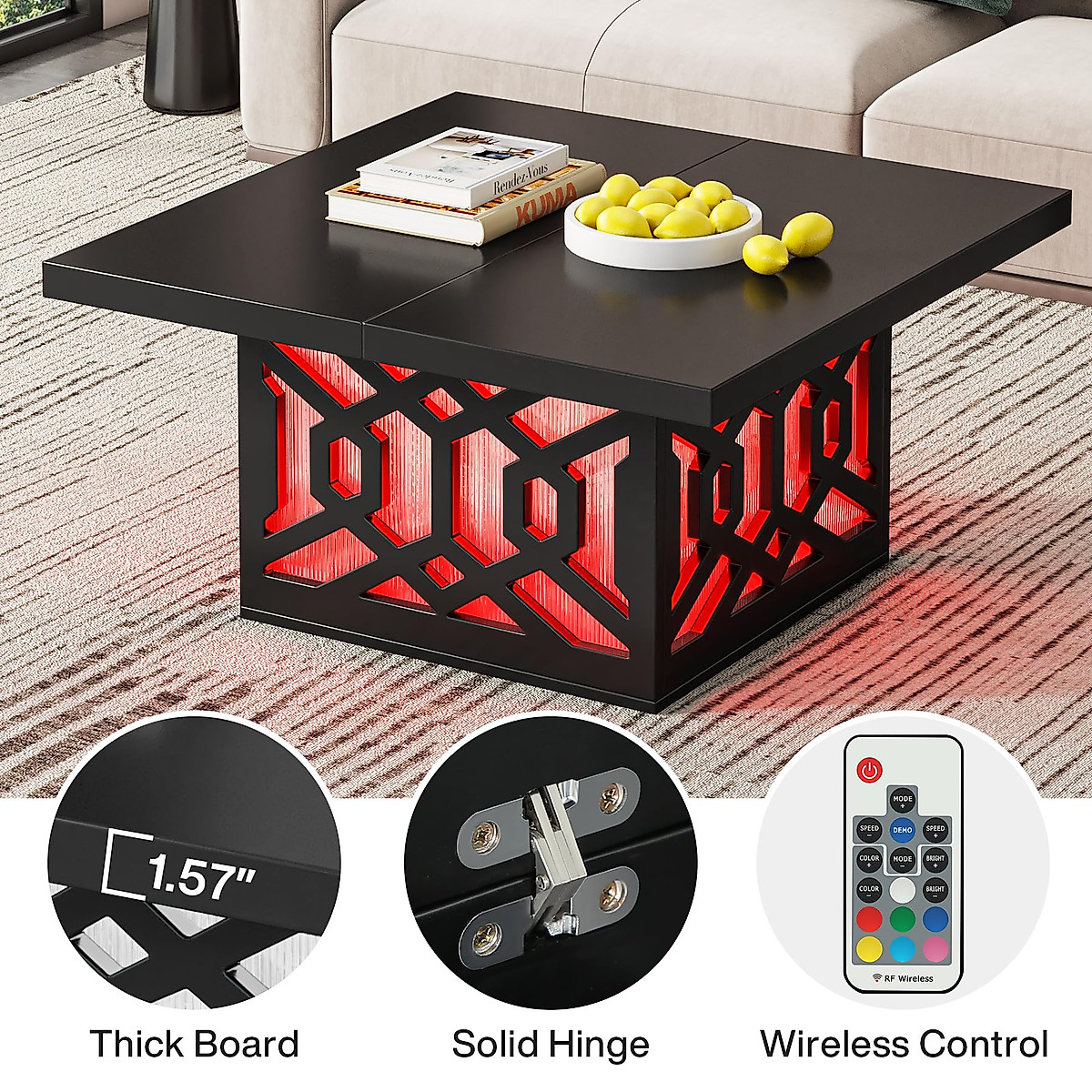 Tribesigns Coffee Table with LED Lights, Modern Square Cocktail Table with Storage, Center Table Living Room Furniture, Black