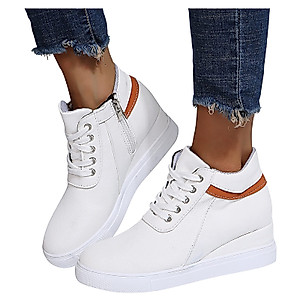 NOGOQU Women's Platform Wedge Tennis Walking Shoes Breathable Lightweight Leisure Casual Round Toe Comfort Fashion Sneaker Lace-Up Pumps Casual Single Shoes (White, 9)