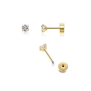 Tiny 2mm CZ Stud Earrings 14K Gold,Flat Screw Back Cubic Zirconia Earrings Helix Earrings Cartilage Tragus Piercing Jewelry Gift for Women(2mm CZ, Gold)