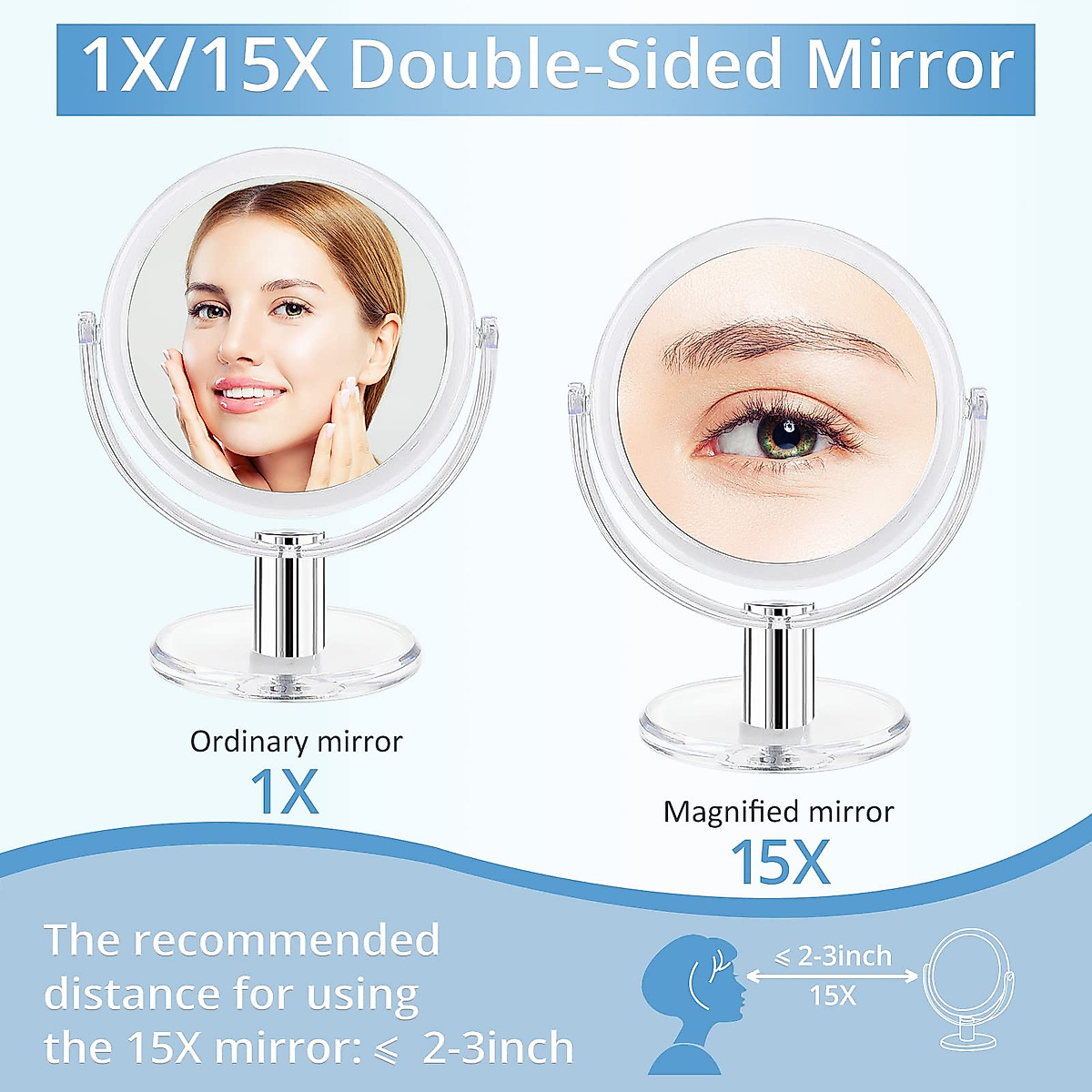 Fabuday Magnifying Makeup Mirror Double Sided - Desk Vanity Mirror with 1X & 15X Magnification, Two Way Make Up Mirror with Stand, Magnified Tabletop Cosmetic Mirror for Bathroom, Transparent