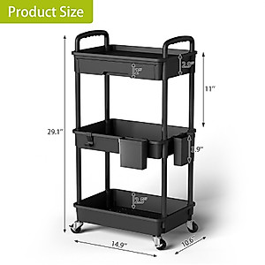 SORGION 3 Tier Rolling Cart Organizer,Laundry Room Bathroom Organizers and Storage Office Shelves Mobile Shelving Unit Kitchen Trolley Cart with Wheels for Art,Craft,Diaper,Bedside,Snack(Black)