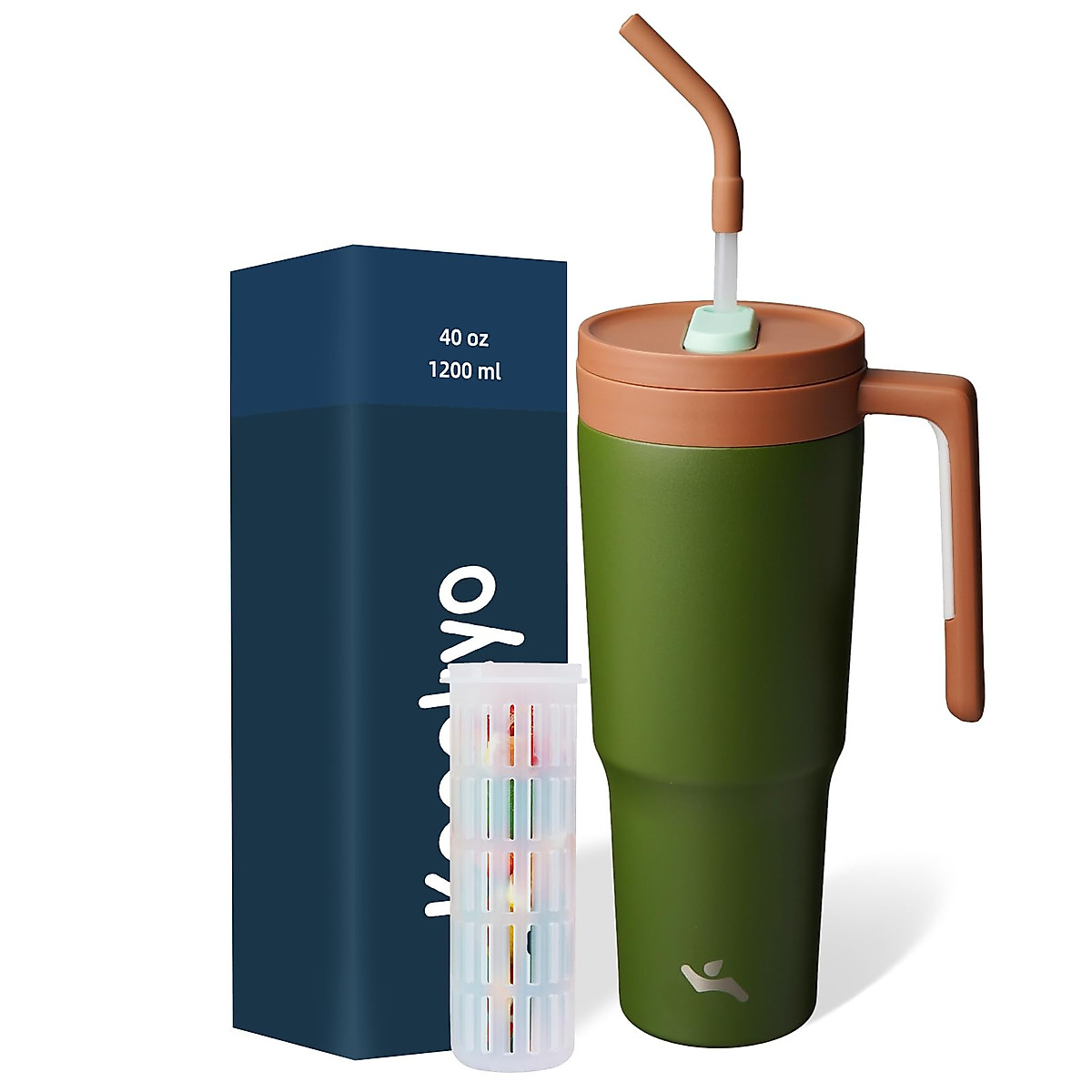 Konokyo Insulated Tumbler with Handle and Straw,40 OZ Vacuum Stainless Steel Water Bottle Travel Mug Metal Cup with Fruit Diffuser,Forest Green