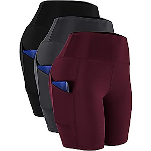 CADMUS Women's High Waist Spandex Yoga Shorts for Bike Running Two Side Pockets,10,Black,Grey,Wine Red,X-Large