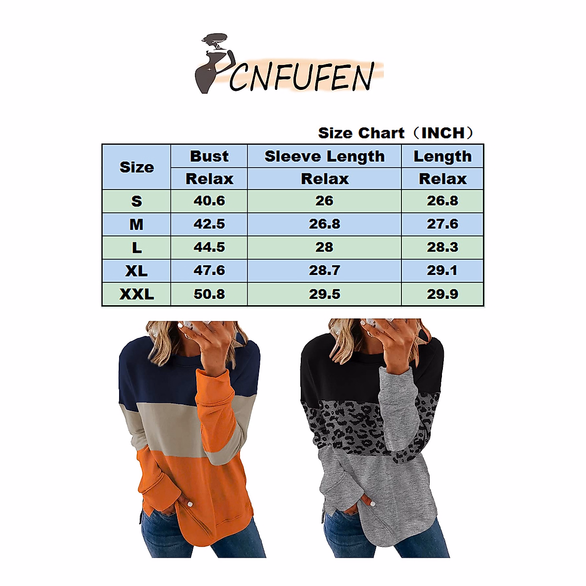 CNFUFEN Woman Fashion 2023 Long Sleeve Shirts Color Block Pullover Sweatshirt Ladies Crewneck Sweatshirts Fall Clothes for Women Orange M