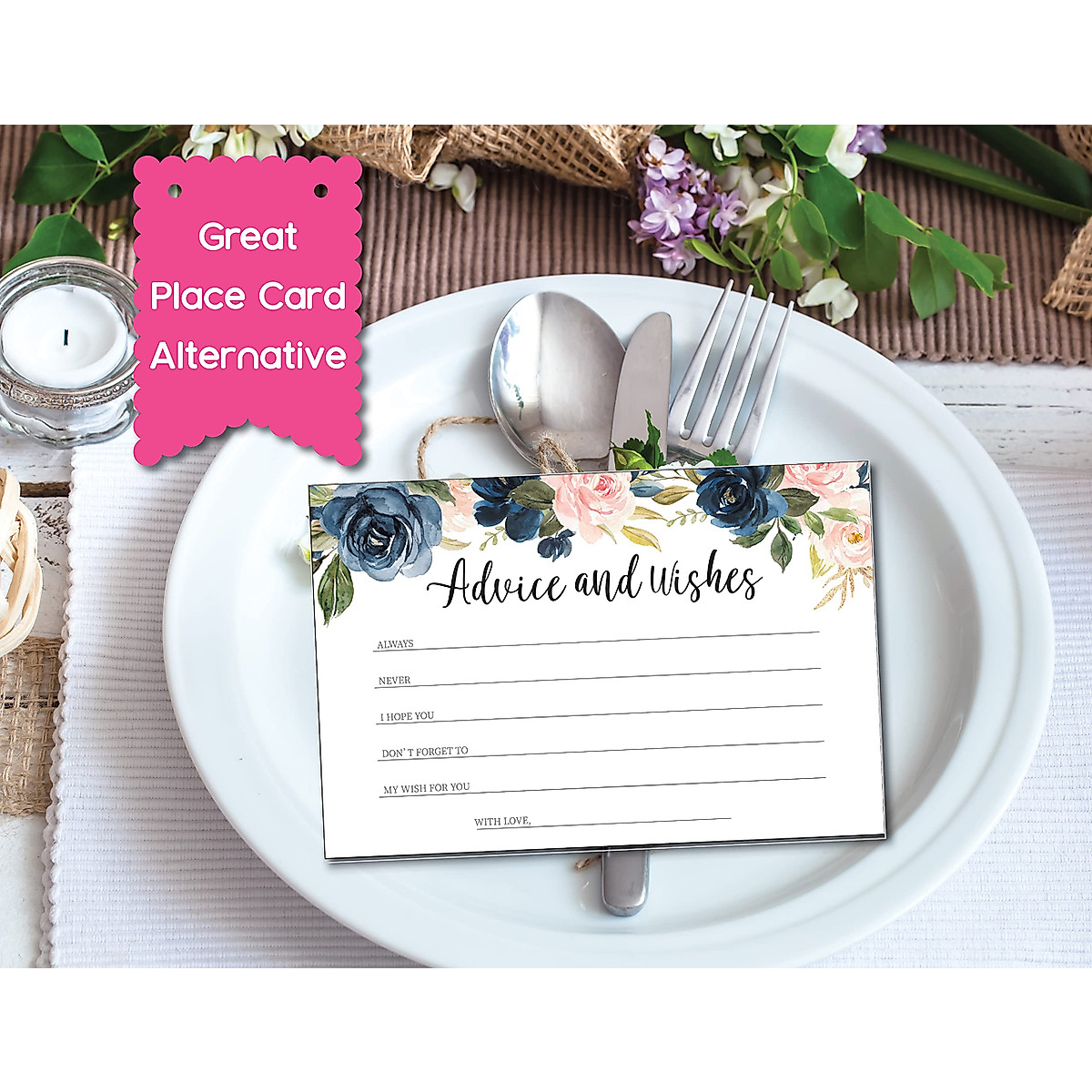 Set of 50 Advice and Wishes Cards,Double Sided Navy Pink Floral Cards, For Bride and Groom, Baby Shower, Bridal Shower, Wedding Shower, Couples Shower, Graduation Party, Anniversary, Retirement Party