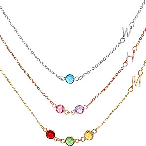 MignonandMignon Sideways Initial with Birthstone Necklace Mother's Day Gift Friendship Best Friend Custom Gemstones -SIN-2HBS-NECK