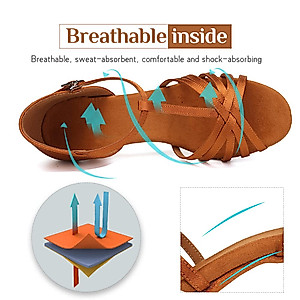 JUODVMP Women Latin Dance Shoes Brown Satin Ballroom Performance Salsa Tango Practice Dance Shoes 2inch Heel Model WX217,6 US