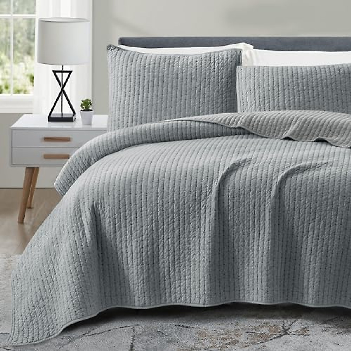 SHALALA Cotton Quilt Set King Size, Grey Bedding Set, Reversible Striped Geometric Pattern Bedspread and Coverlet - Poly Fill-Lightweight Soft Wrinkle, Fade, &Stain Resistant(Gray)