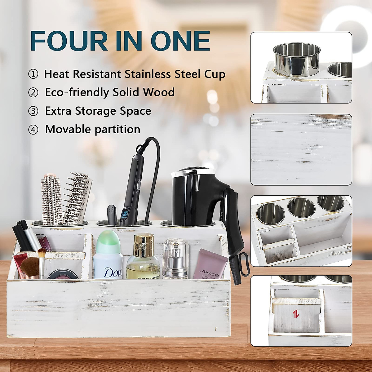 Rustic Wood Farmhouse Bathroom Hair Tool Organizer Makeup Organizer Vanity Tray - Vanity Organizer for Bathroom Counter - Hair Dryer Holder - Blow Dryer Holder Bathroom Counter Tray 12" x7”