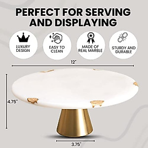 BALIN DESIGNS Cake Stand - 12" Round White Marble with Gold Accent Dessert and Cupcake Serving Display - Perfect for Weddings, Showers, Anniversaries, Parties, or Modern Home Decor (White Marble)