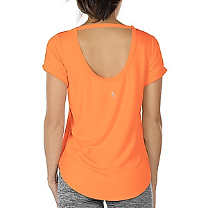 icyzone Open Back Yoga Shirts for Women - Exercise Workout Tops, Athletic Short Sleeves, Running T-Shirts Loose Fit (Orange, L)