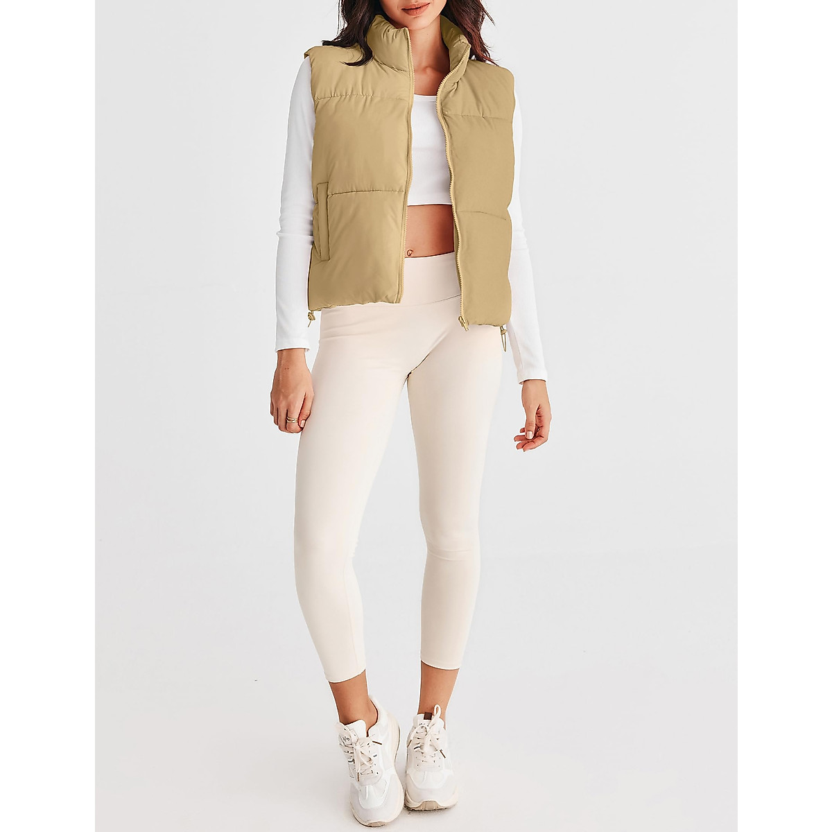 MEROKEETY Women's Quilted Puffer Vest Lightweight Stand-up Collar Soild Color Warm Outewear, Khaki, Small
