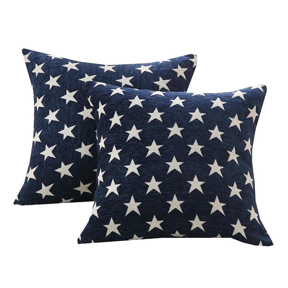 Sunday Praise Set of 2 Soft Chenille Decorative Patriotic Throw Pillow Cover Case Geometric Stars July 4th Accent Square Cushion Cover Case Sham for Couch Sofa Bed Car 18 x 18 Inch 45x45 cm (Blue)