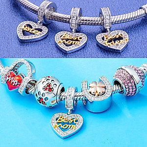 Best Mom Heart Charms for Women - 925 Sterling Silver Dangling Pendants Beads - Fit Pandora Mother’s Day Bracelets, Necklaces, European Snake Chains - Gifts for Thanksgiving .