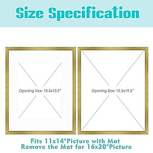 Frametory, 16x20 Picture Frame with Mat for 11x14 Picture- - High Definition Glass Wide Molding - Preinstalled Wall Mounting Hardware (Gold, 1 Pack)