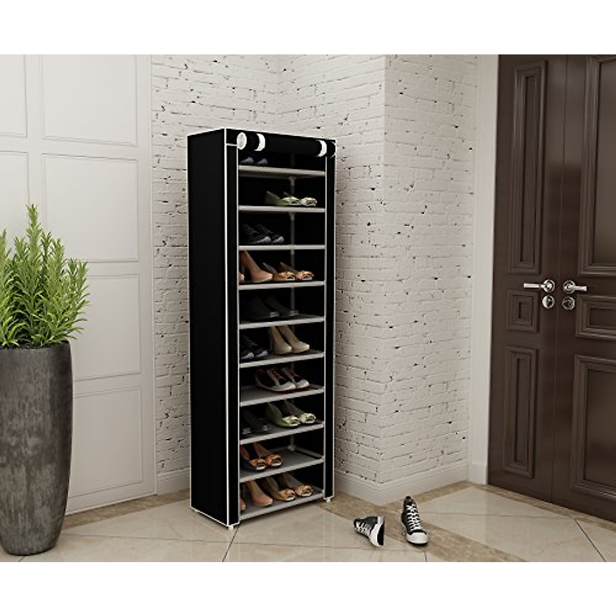 Homebi 10-Tier Shoe Rack 30 Pairs Shoe Tower Closet Shoes Storage Cabinet Portable Boot Organizer with Dustproof Non-Woven Fabric Cover and 10 Durable Shelves (Black) (Black)