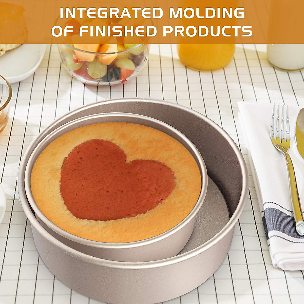 CHEFMADE Bakeware Round Cake Pan 2 Pieces, 6-Inch and 8-Inch with Removable Loose Bottom Nonstick & Quick Release Coating Chiffon Bakeware for Oven and Instant Pot Baking (Champagne Gold)