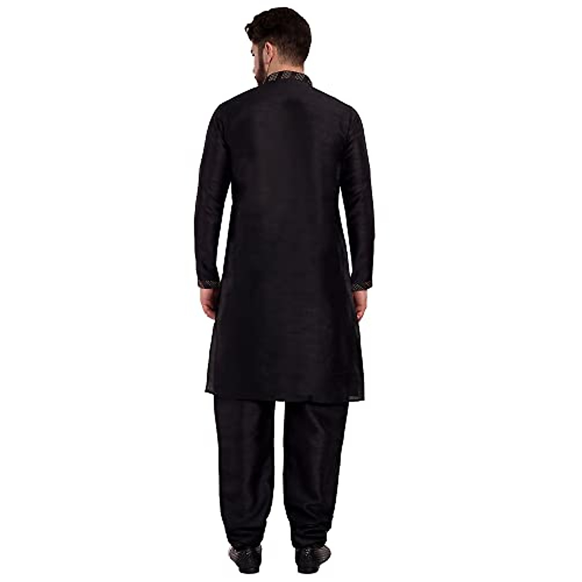 SKAVIJ Men's Art Silk Kurta Pajama and Scarf Ethnic Wedding Suit Party Dress Set (Small, Black)