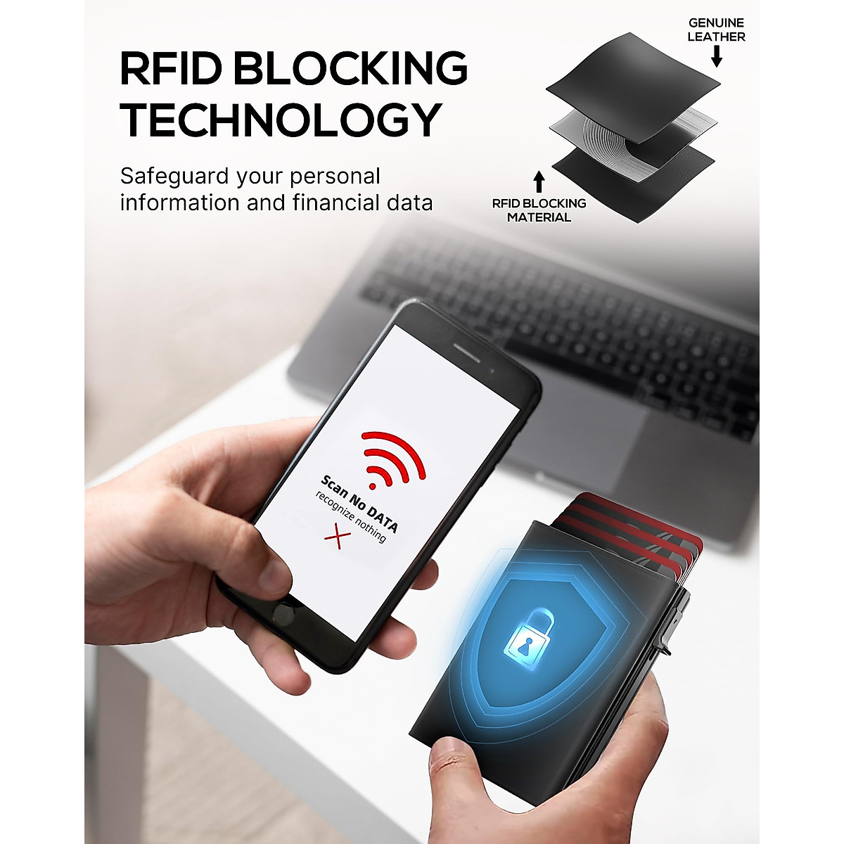 Mens Wallet Card Holder - Smart Wallet for Men, Pop Up Card Case, Top Grain Leather, RFID Blocking, Slim, Minimalist, Ultra Thin, Front Pocket, 9-14 Card Capacity | ID Window | Cash Slot (Black)